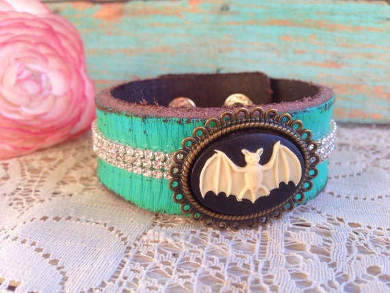 Rustic Bat Cameo Leather Cuff Bracelet,Vintage Inspired, Patina, Gypsy ...