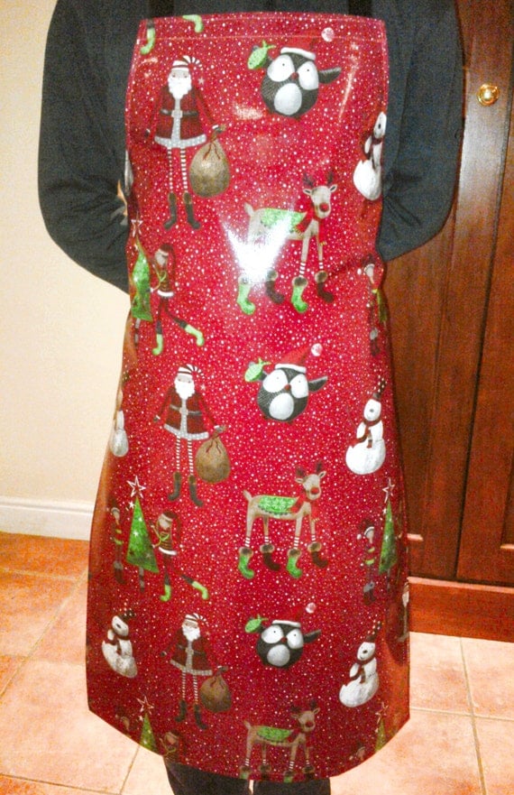 Christmas PVC apron shiny festive characters red oilcloth