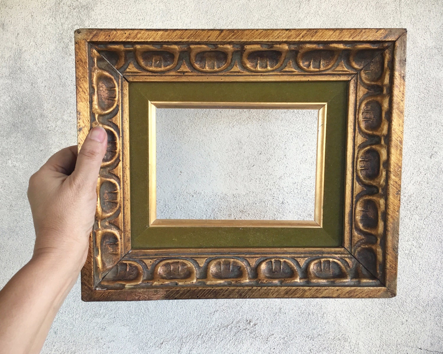 Midcentury Modern wood picture frame gold gilt olive velvet accent ...