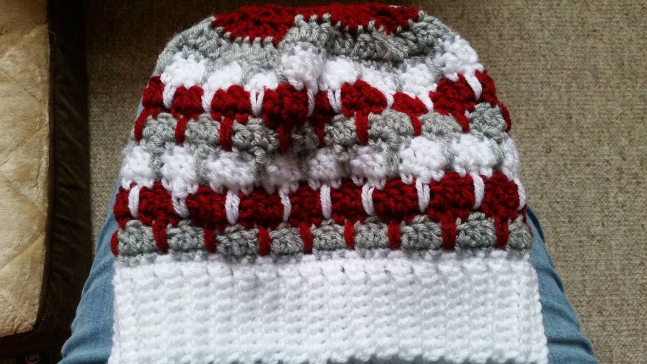 Large Adult Slouchy Messy Bun Beanie Crimson Tide colors.