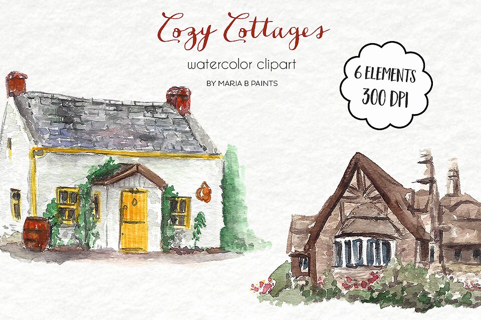 Watercolor Clip Art Cottages Cozy House Home Love