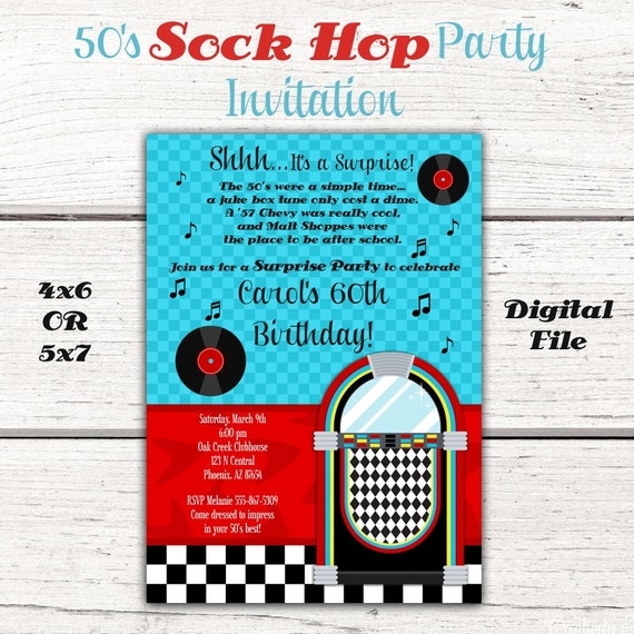 1950's Birthday Party Invitation, Fifties, 50's, sock hop, Diner, Jukebox, Red & Turquoise, 50's ...