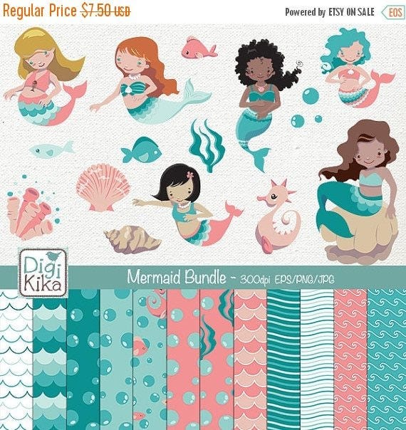 60% SALE Mermaid Digital Bundle Clipart and Paper Pack by DigiKika | Etsy