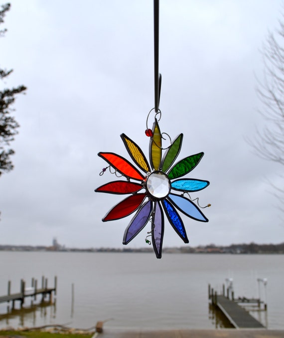 Rainbow Flower of Peace and Hope Stained Glass Suncatcher