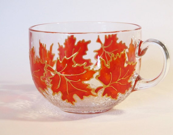 Glass Tea Mug Big Mug Autumn Leaves Maple Leaves by OlgaArtGlass