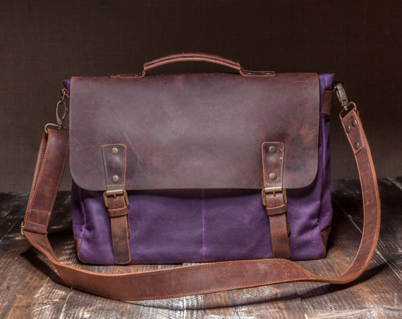 Mens Leather Briefcase Waxed Canvas Courier Bag Canvas by Tram21