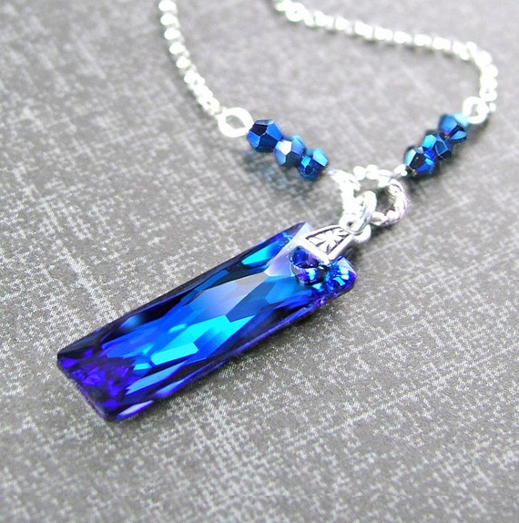 Dark Blue Crystal Necklace Sterling Silver Swarovski Crystal