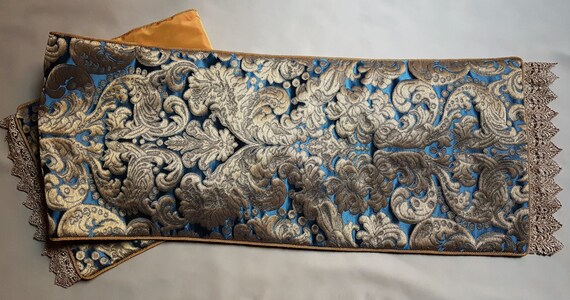 Luxury Table Runner Blue & Gold Silk Brocatelle Rubelli