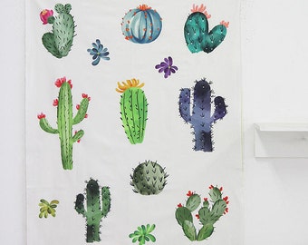 Cactus Cotton Fabric Green Cactus on Charcoal By the Yard
