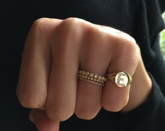 Diamond initial ring 14k gold pave diamond