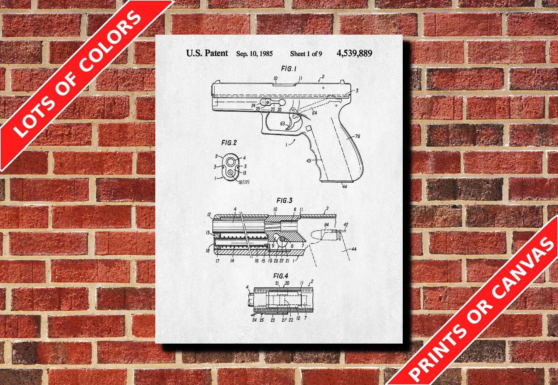 Glock Pistol Patent Print Handgun Blueprint Art Firearm Design