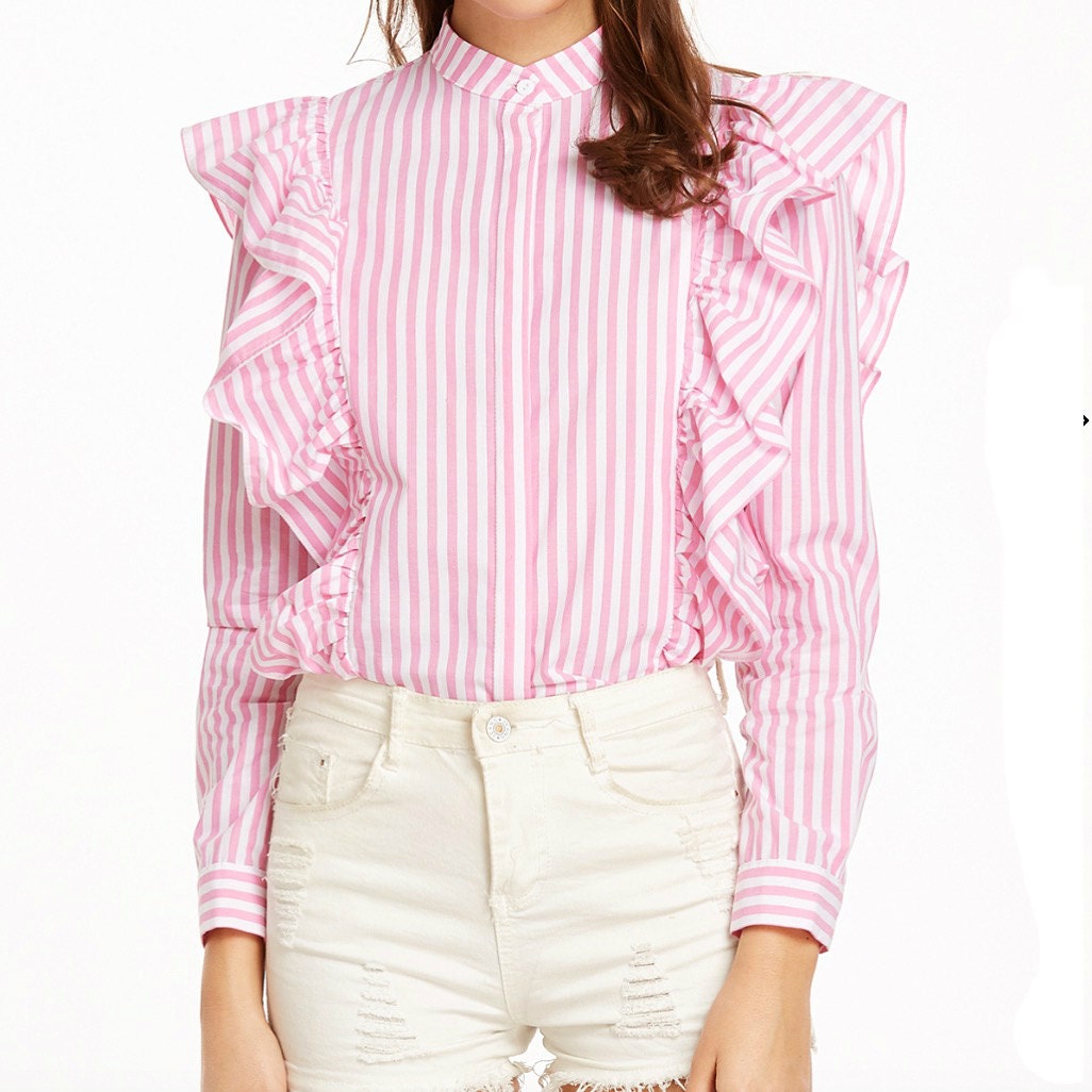 Sale Pink And White Striped Ruffle Top Long Sleeve Blouse