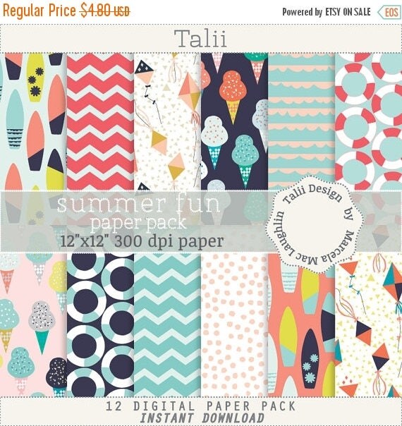 Summer Digital Paper SUMMER Fun Patterns Surfboards ice cream