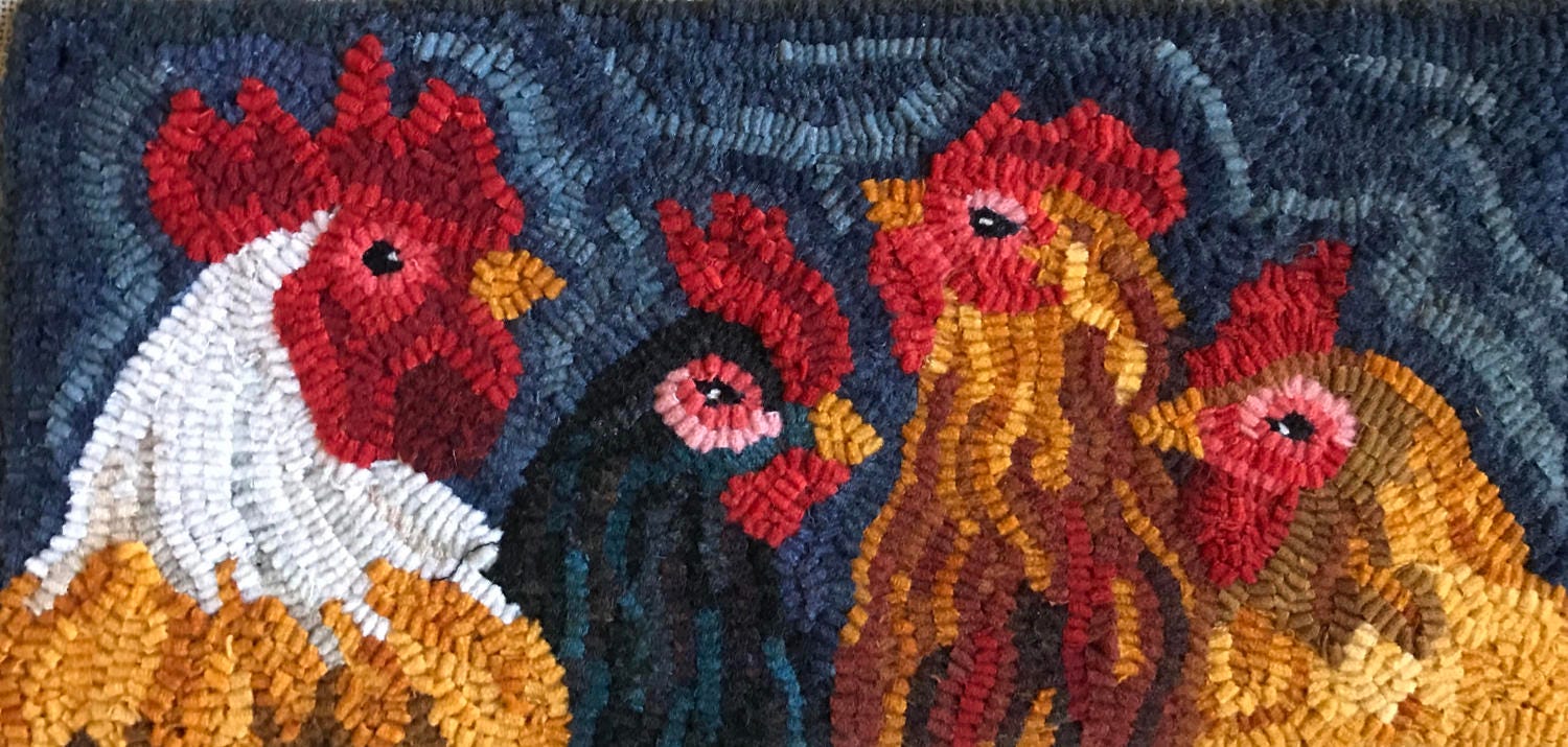 Rug hooking pattern chickens Rooster primitive