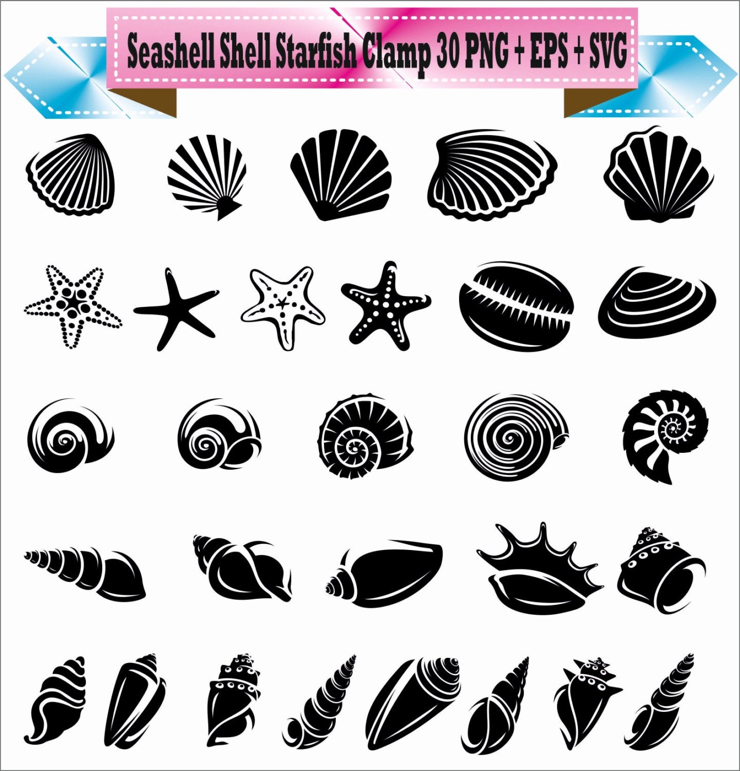Seashell Starfish Ornament Shell Clamp Sea Silhouette Vector Clipart ...