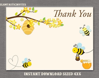 Bee Thank You Card // Folded Thank You // A7 // Bees // floral