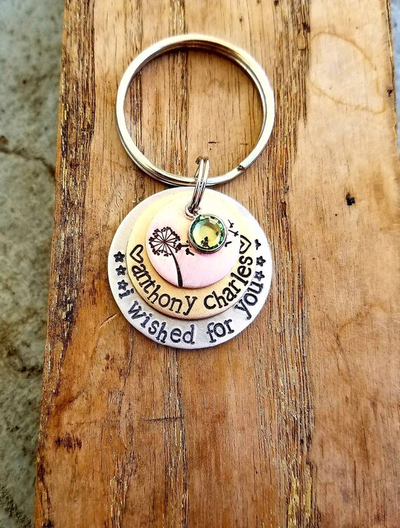 Personalized hand stamped new baby keychain New mother gift.