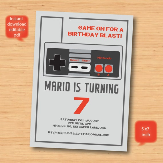 Nintendo game birthday invitation personalised SELF EDITABLE