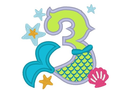 Mermaid Tail Birthday number Mermaid number THREE 3 applique