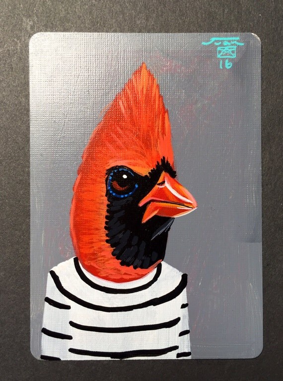 Items similar to Red Cardinal portrait on a playing cards. 2016 on Etsy