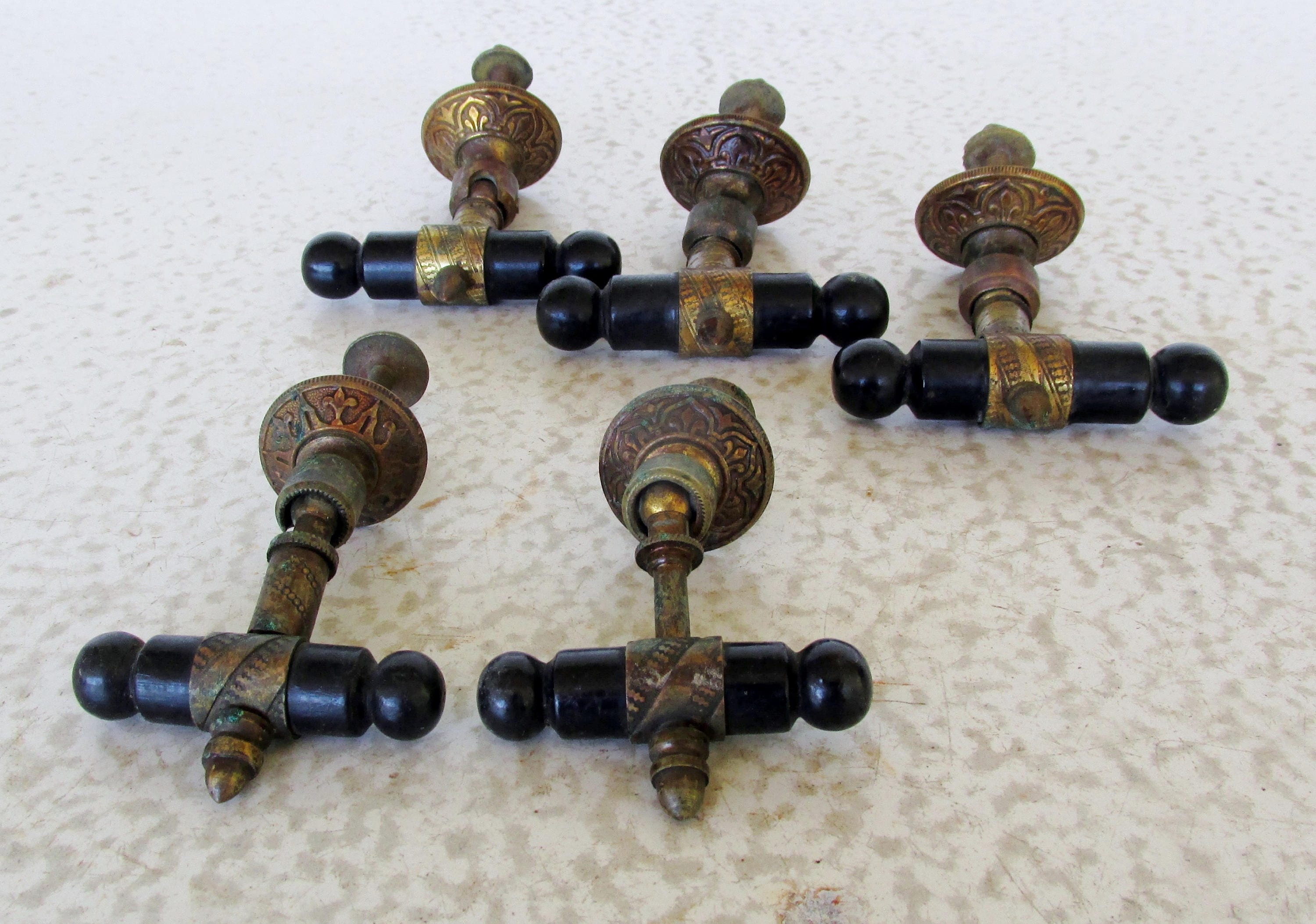 5 Rare Victorian T Bar Drop Pulls Brass and Wood Handles for Furniture ...