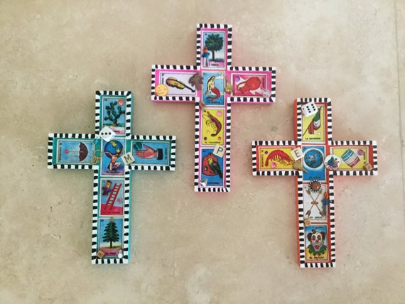 Funky Cross Handmade with Mexican Loteria Cards Worry Dolls