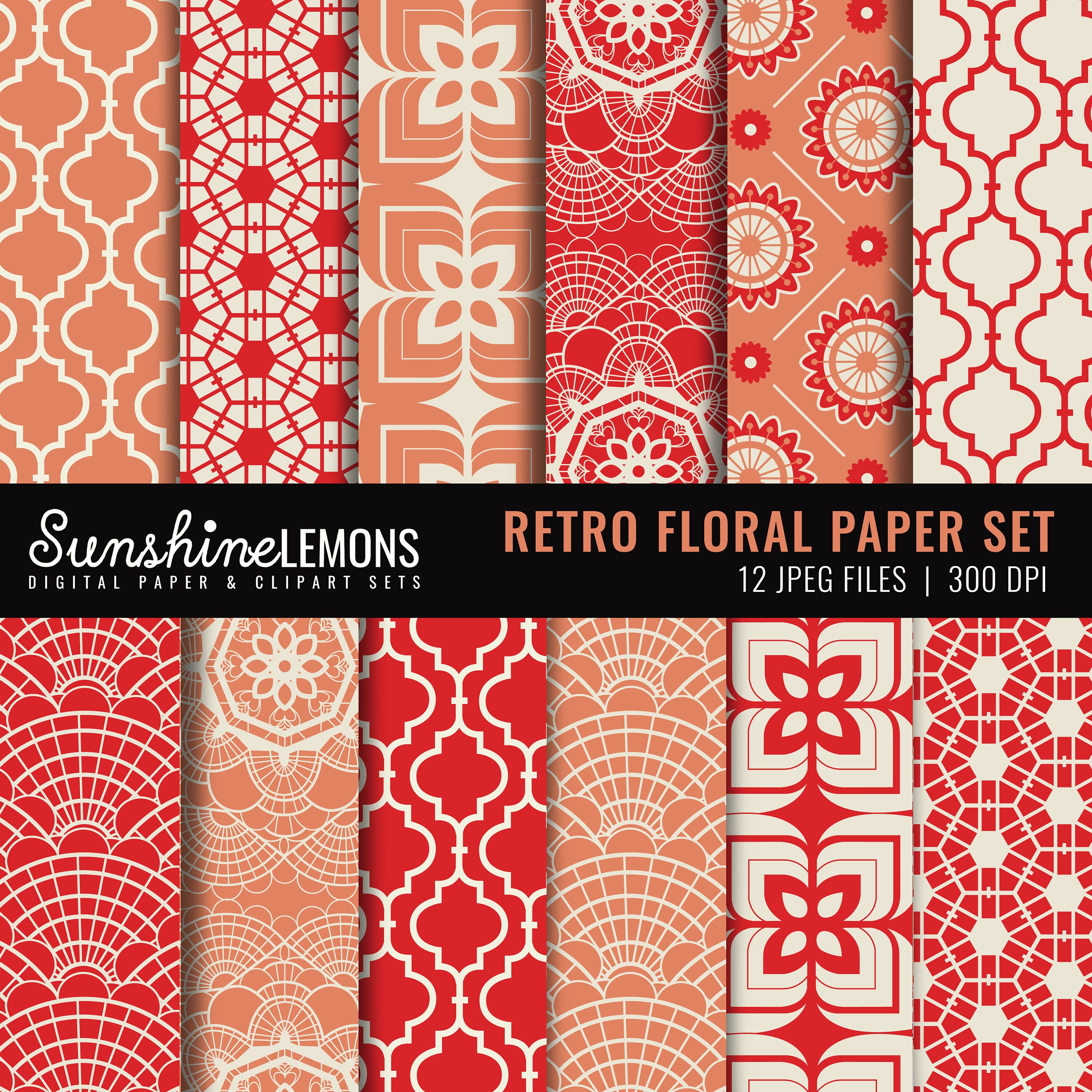 Retro Floral in Coral and Poppy Digital Scrapbooking paper