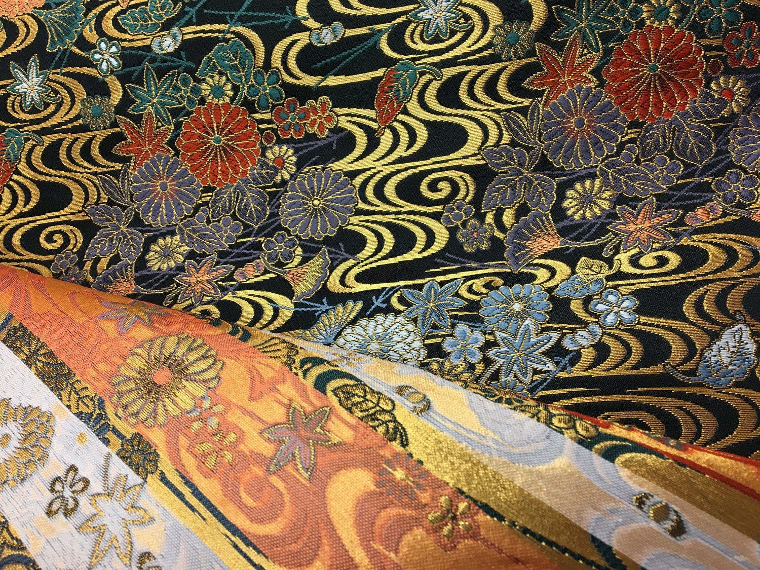Japanese golden and black brocade fabric, kimono obi fabric, Japanese ...