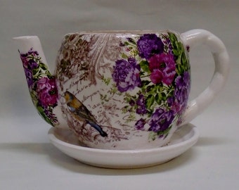 Items similar to Decoupage Ceramic Pot with a Lid with Rural Flower ...