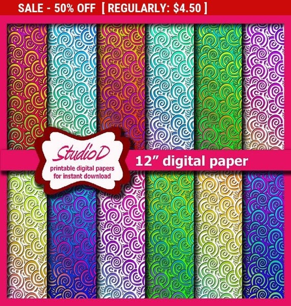 50% SALE Rainbow swirls Digital paper swirls by StudioDprint