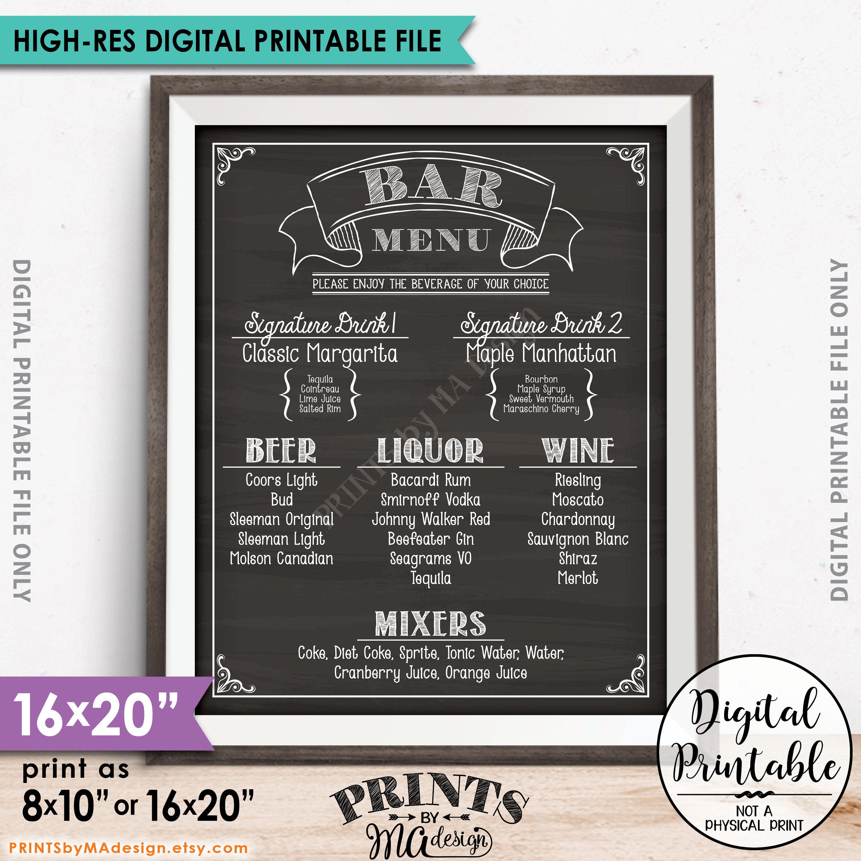 Bar Menu Sign Wedding Bar Menu Sign Birthday Drinks Menu
