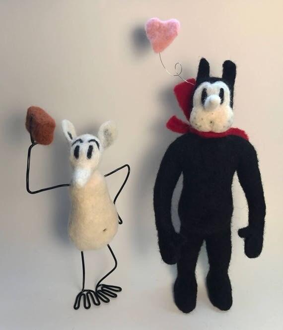 Felted Krazy Kat and Ignatz Mouse