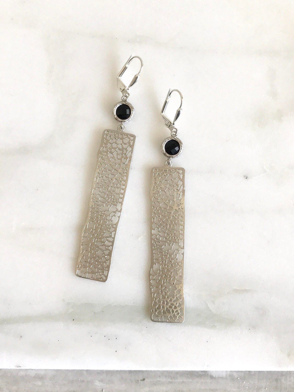 Silver Rectangle and Black Jewel Dangle Earrings. Statement