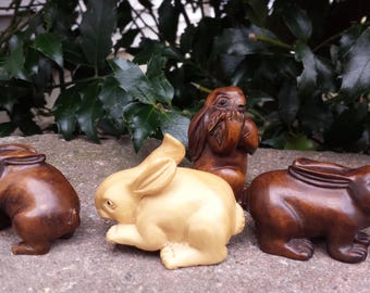 Vintage Carved Wood Bunny Bowl