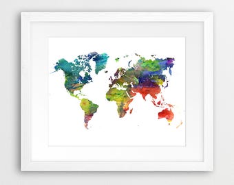 World Map Watercolor Print World Map Poster Watercolor Grey