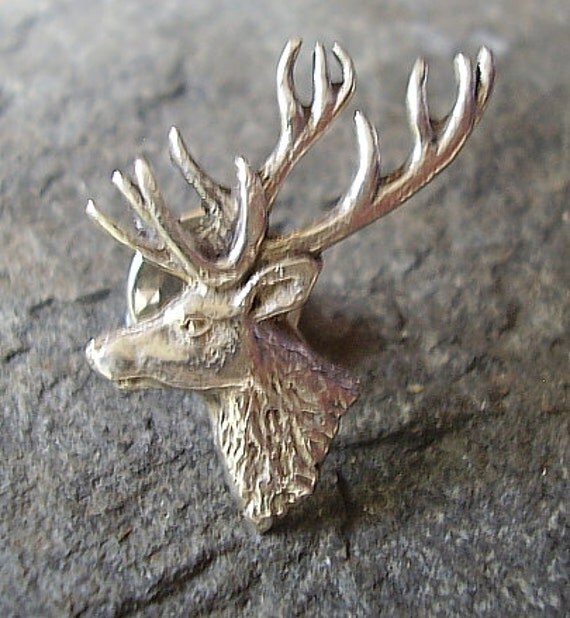 Sterling Silver Stags Head Tie Pin Lapel Badge