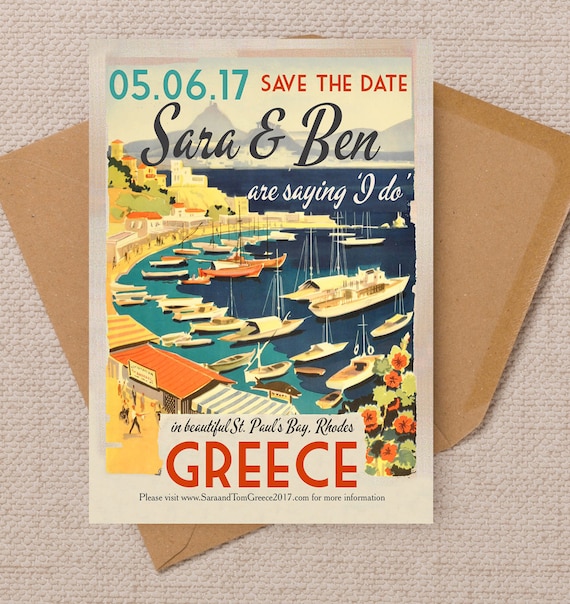 Vintage Greek Islands Postcard Wedding Save the Date Cards