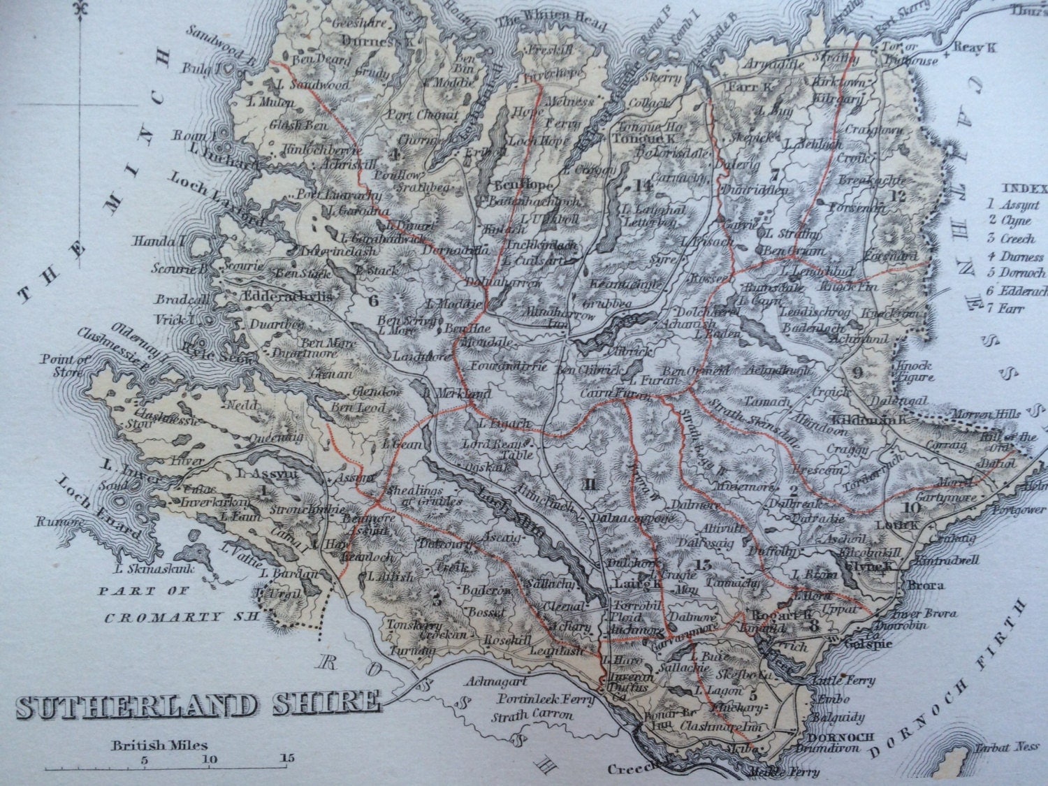 1870 SUTHERLAND SHIRE original antique map showing railways, Scotland ...