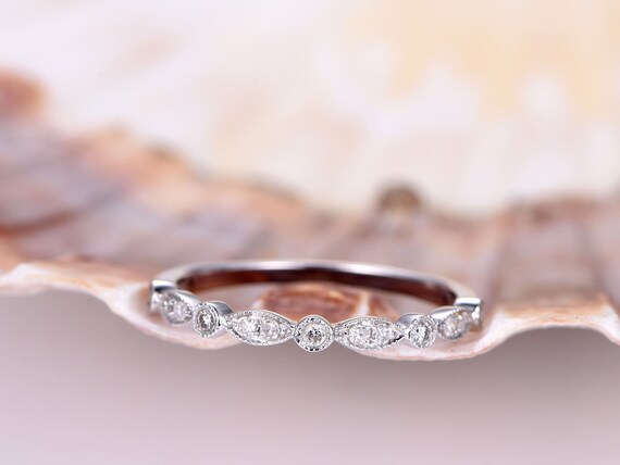 Milgrain Diamond wedding band solid 14k white goldhalf