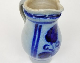 Items similar to Small stoneware pottery pitcher with blue flowers ...