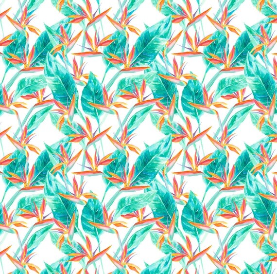 Jungle Leaves Tropical Floral Fabric Birds Of Paradise White