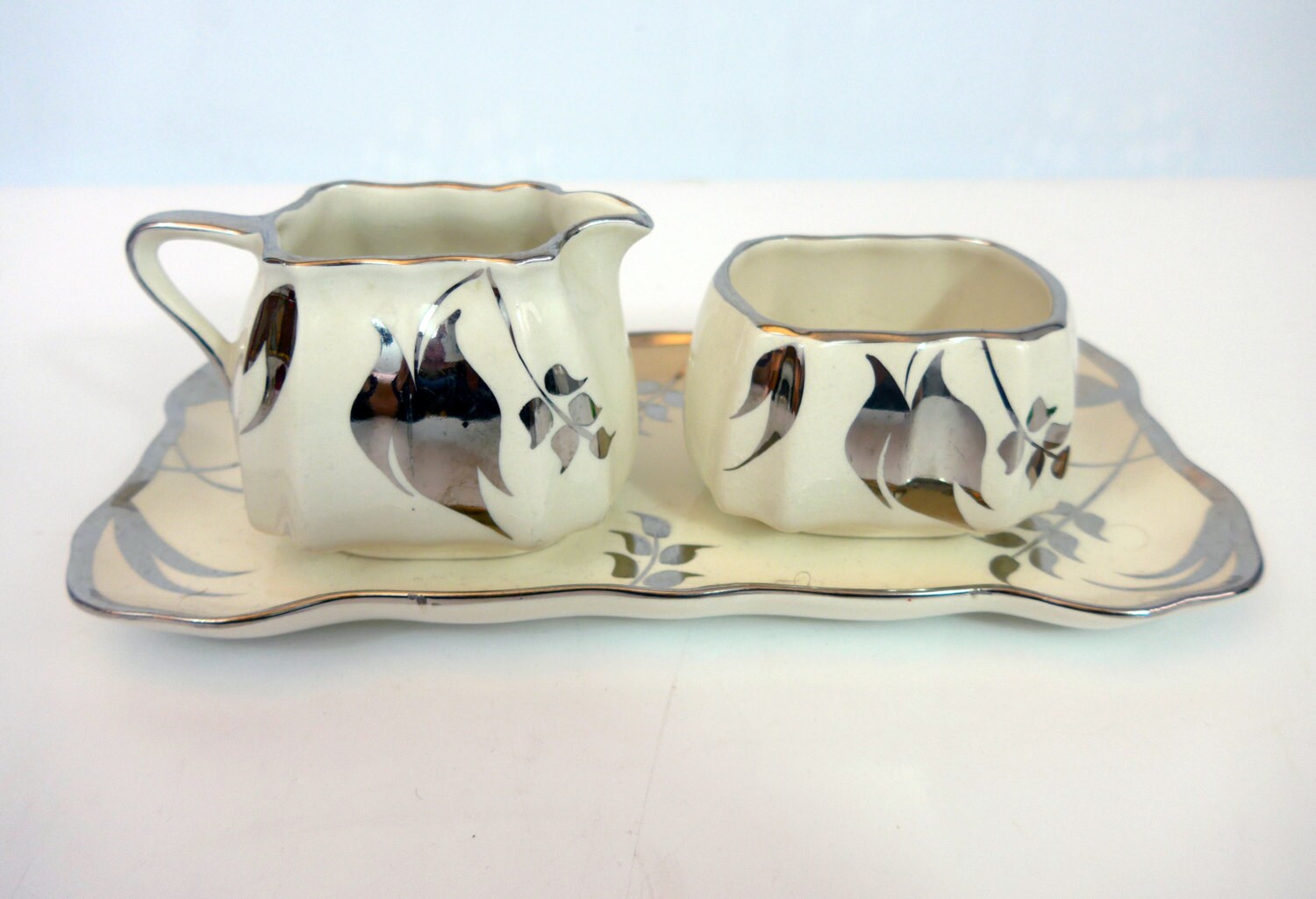 Sandland Ware Silver Leaf Pattern Luster Sugar & Creamer on Tray Set ...