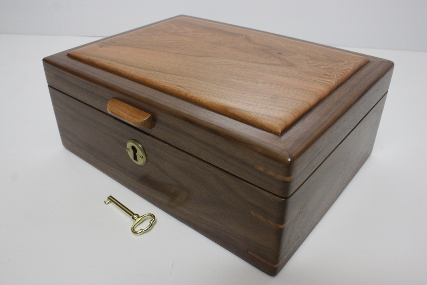 Black Walnut Locking Box with Cherry Wood Lid. Handmade Valet