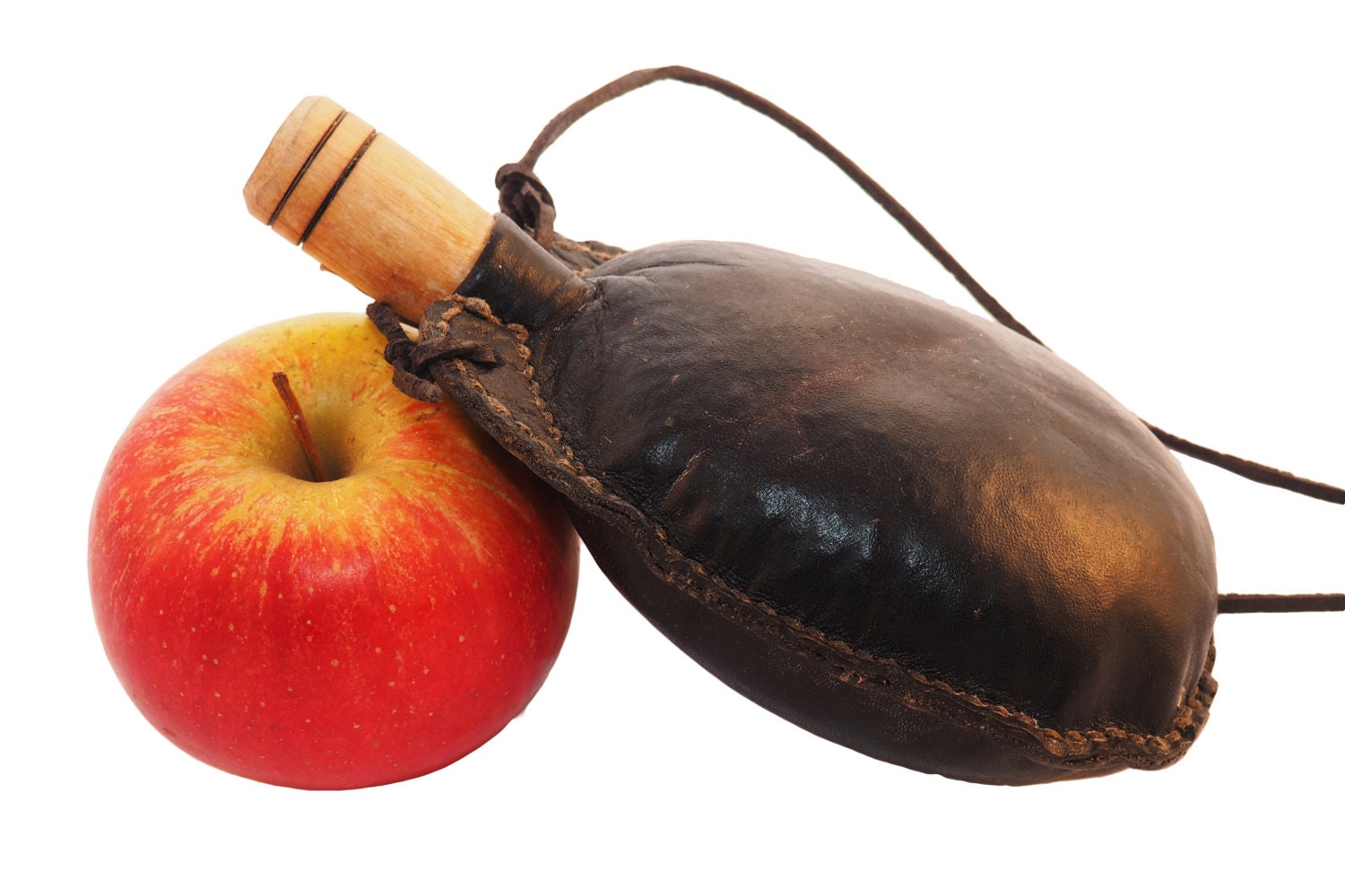 Medium hand crafted authentic medieval wine skin with wooden