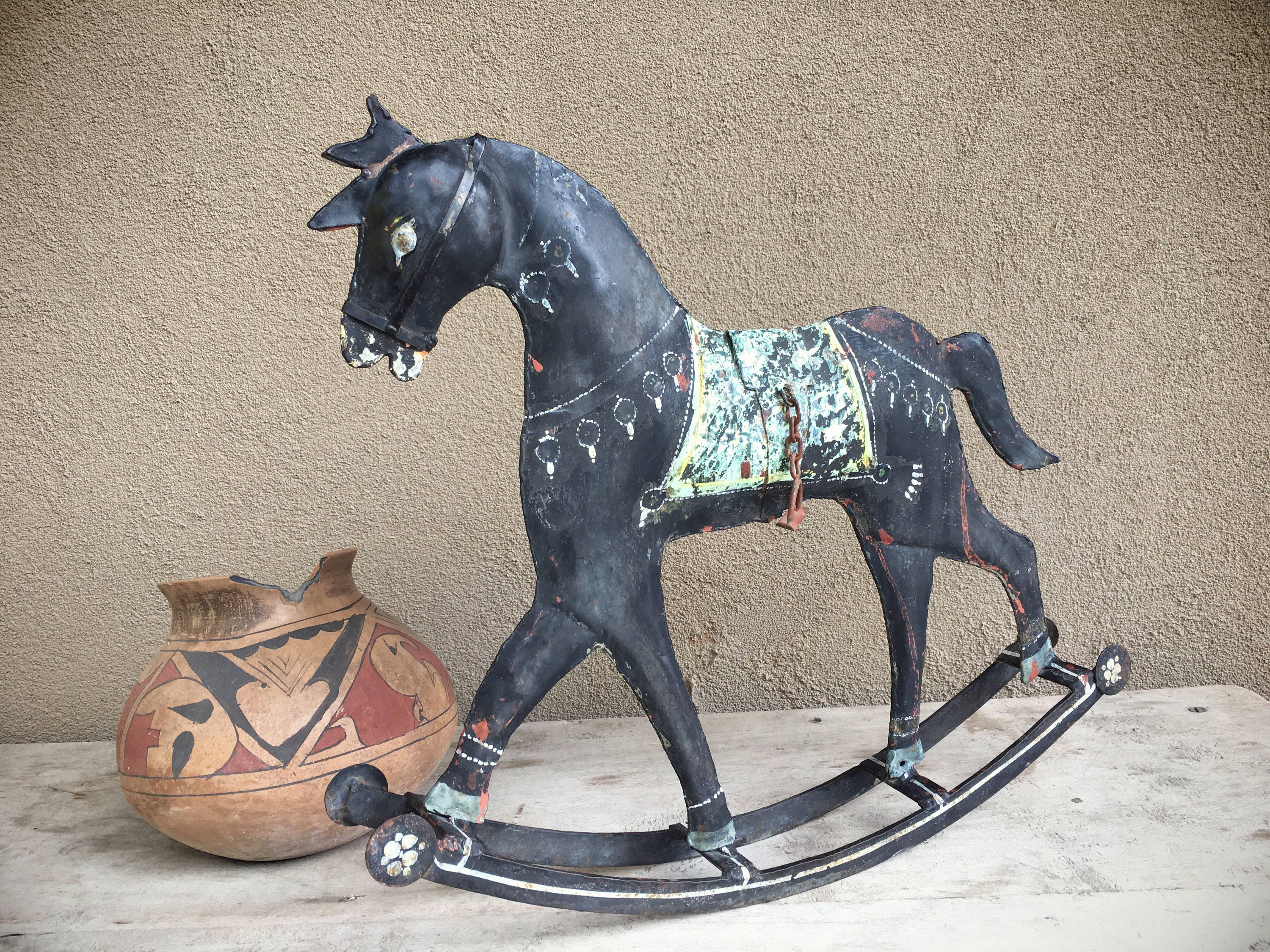 Large vintage primitive folk art rocking horse statue made of metal ...