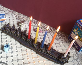 Handmade Ceramics Menorah with tiny love birds Hanukkah