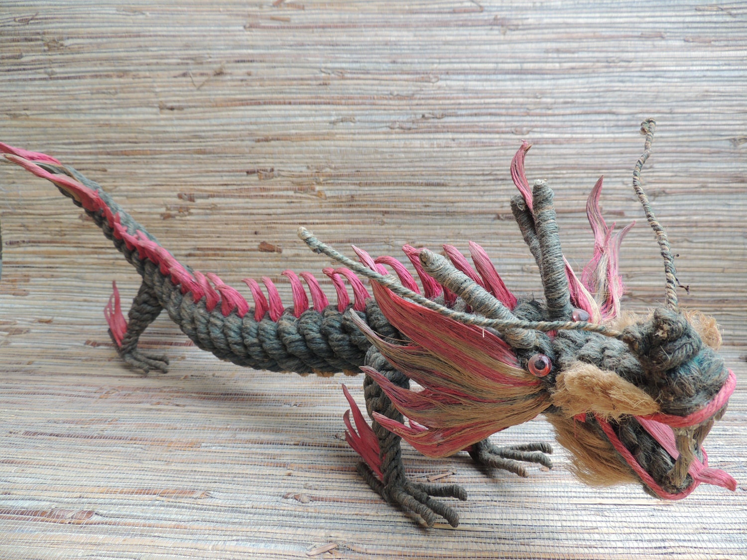 Vintage Chinese Rope Dragon, Fiber Art Figure, Asian Folk Art