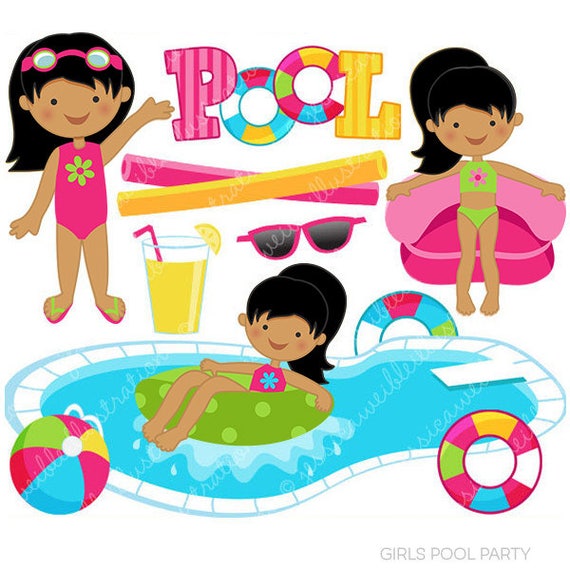 Girls Pool Party Cute Clipart, Pool Party Clip Art, Summer Party ...