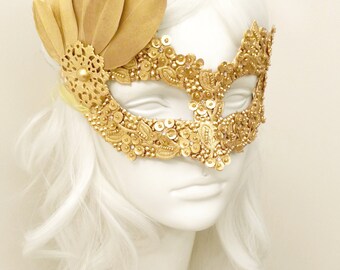 Gold Lace Masquerade Mask With Rose Lace Covered Venetian