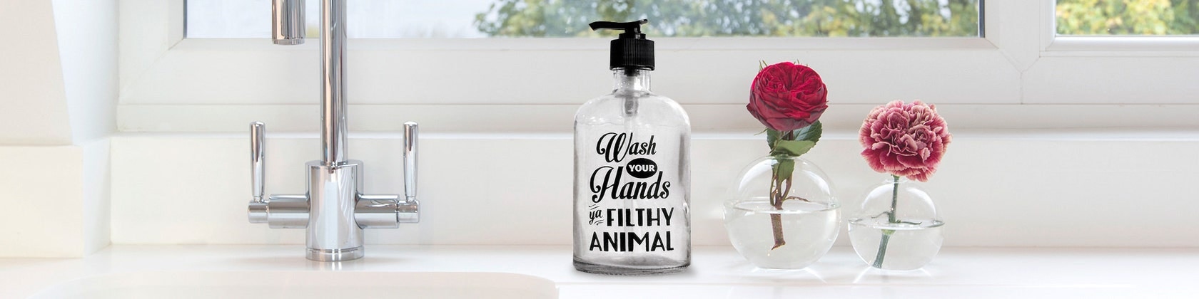 Quirky screen printed glass soap dispensers by ClearstoryGlass